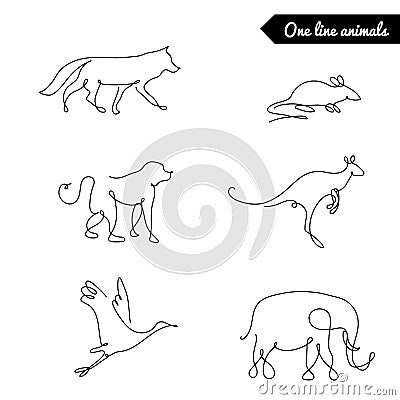 One Line Animals Set, Logos Vector Stock Illustration With Fox, Wolf ...