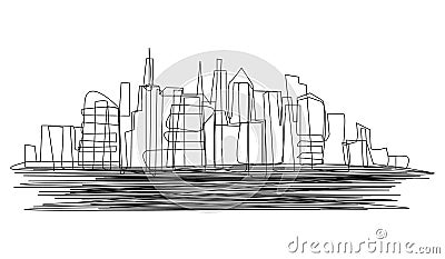 One Line Art. One Continues Line Art. City Skyline In The Sea Royalty ...