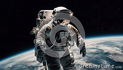 One Person In Space Suit Explores Galaxy Generated By AI Stock Photo ...