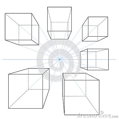 One Point Perspective Line Drawings. Vector Set Of Cubes And ...