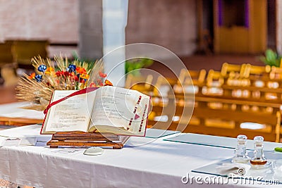 Open Bible On The Altar Of Catholic Church Stock Photography ...