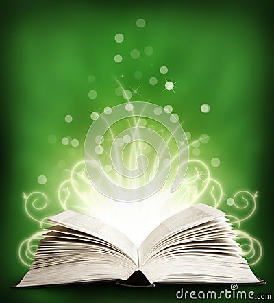 The Open Magic Book With Sparklings. Green Royalty Free Stock ...