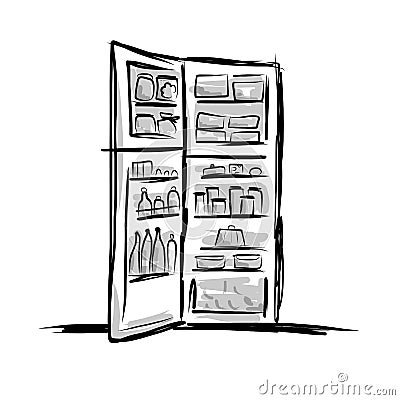 Opened Fridge Full Of Food, Sketch For Your Design Stock Vector - Image ...