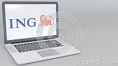 Opening and Closing Laptop with ING Group Logo on the Screen. Computer ...