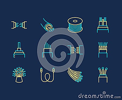 Optical Fiber Flat Line Vector Icons. Network Connection, Computer Wire ...