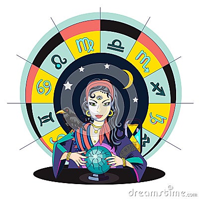 The Oracle Girl Predicts The Future On A Magic Ball Vector Illus ...