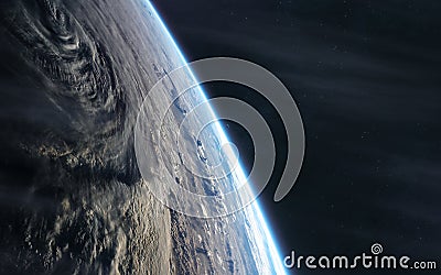 Orbit Of The Planet Earth. View From Space Through Cosmic Dust. Solar ...