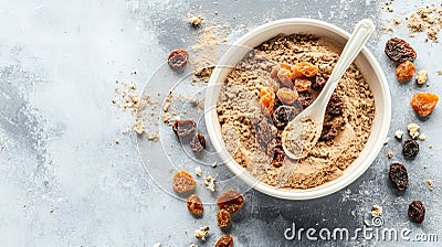 Organic Raisins And Protein Powder In A Bowl On Gray Tabletop Royalty ...