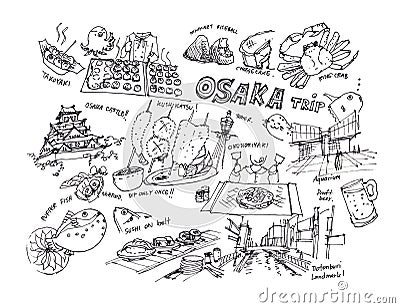 Osaka Japan Drawing Illustration Of Landmark And Items | CartoonDealer ...
