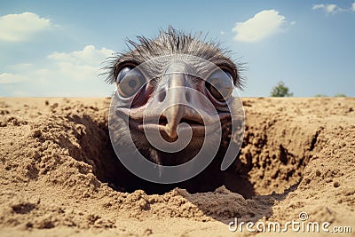 Ostrich Looking Out Of Hole In The Sand With Blue Sky, A Scared Ostrich ...