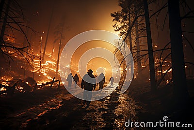 Out-of-control Forest Fire, Brave Firefighters Working The Night Shift ...