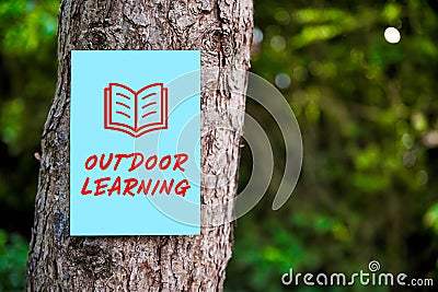 Outdoor Learning Sign With An Arrow Written On Paper On A Tree In The ...