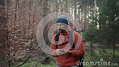 Outdoor Mapping in Hike. Man Hiker Uses Smartphone To Navigate in ...
