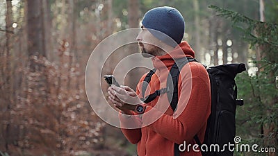 Outdoor Mapping in Hike. Man Hiker Uses Smartphone To Navigate in ...