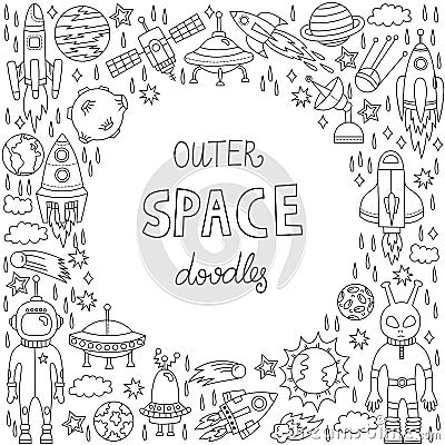 Outer Space Cosmo Doodle Icons Vector Round Frame | CartoonDealer.com ...