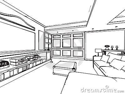 Outline Sketch Drawing Interior Perspective Of House Stock Vector ...