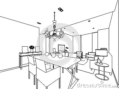 Outline Sketch Drawing Interior Perspective Of House Cartoon Vector ...