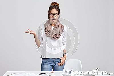 Outraged Grumpy Woman Director Gestures, Has Unhappy Annoyed Expression ...