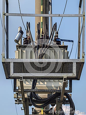An Overhead Electrical Line With A Transformer Stock Photo ...