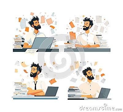 Overworked Employee Cartoon Vector Illustrations. Unorganized ...