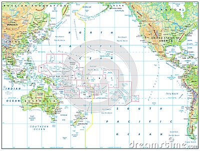 Pacific Ocean Physical Map Isolated On White Vector Illustration ...