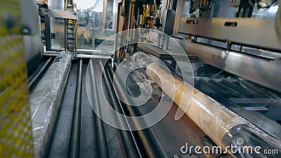 Packaging Products at the Factory, Wrapping Wallpaper in Cellophane ...