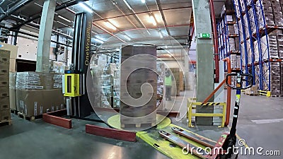 Packing Boxes in Plastic Film Timelapse. Box Stretch Wrapping Machine ...