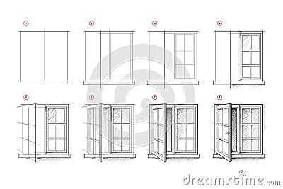Page Shows How To Learn To Draw Sketch Of Half-open Window. Pencil ...