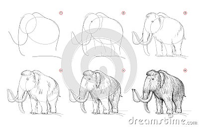 Page Shows How To Learn To Draw Sketch Of Mammoth. Creation Step By ...