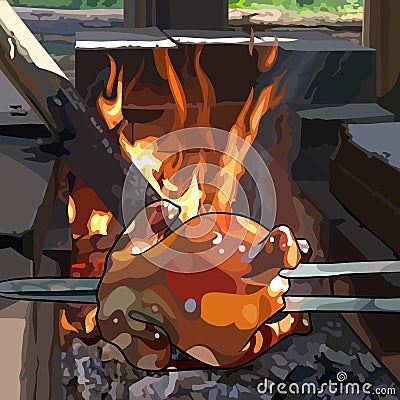 Painted Fried Chicken On A Skewer Prepare Over Fire Cartoon Vector ...
