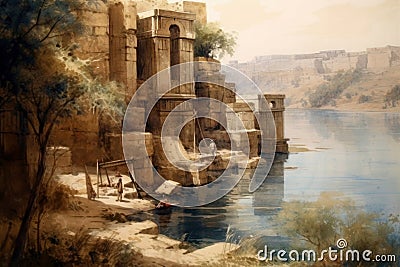 Painting From A Watercolor Drawing Of The Aswan Dam In Egypt. Royalty ...