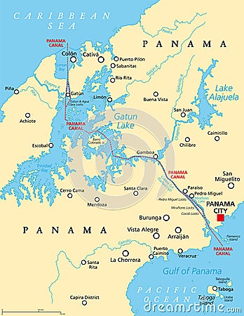 Panama Canal, Artificial Waterway In Panama, Political Map Vector ...