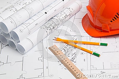 Paper Architectural Drawings, Blueprint, Pencil, Ruler And Helmet ...