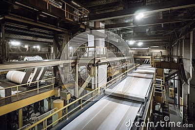 Paper Mill, With Towering Papermaking Machines And Conveyor Belts In ...