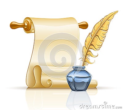 Paper Scroll With Feather Pen And Ink Pot Vector Illustration ...