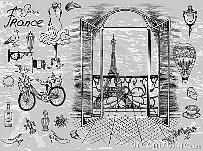 Parisian Views View From The Window To The Eiffel Tower Cartoon Vector ...
