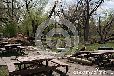 Park, Surrounded By Devastation And Debris From The Storm, With Broken ...
