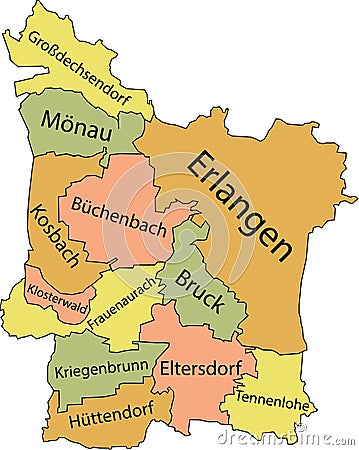 Pastel Tagged Districts Map Of ERLANGEN, GERMANY Cartoon Vector ...