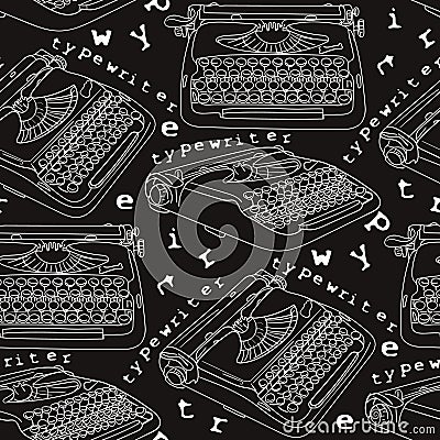 A Pattern Of Typewriters Drawn With Lines. Black Background And White ...