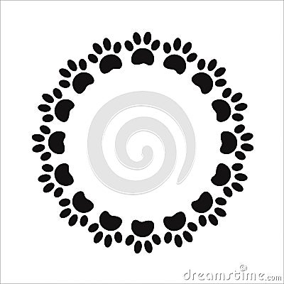 Black Paw Prints Animals Pets Round Frame Border. Cartoon Vector ...