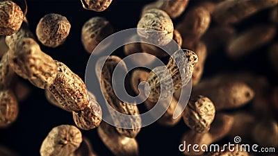 Peanuts in the Shell Fly Up and Rotate in Flight. Top View. Filmed is ...