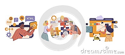 People Cartoon Characters Programming, Coding And Designing Website ...