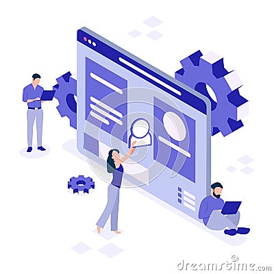 People Are Developing A Website. 3d Characters, Gears, Web Page. Vector Illustration In ...