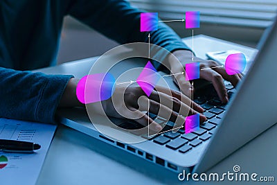 People Hand Working On Laptop Computer With Digital Flowchart Database Diagram Stock Photo ...