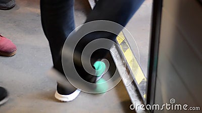 People Stepping Over a Threshold. Handheld Close-Up on Legs. Stock ...