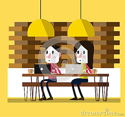 People Working On Laptop At Coffee Bar Cartoon Vector | CartoonDealer ...