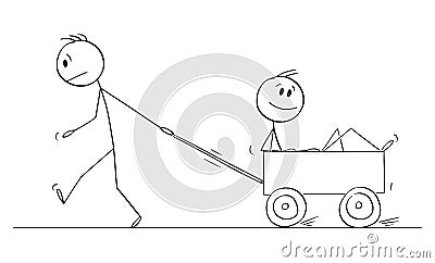 Person Or Boy Pulling Another Man In Cart, Vector Cartoon Stick Figure ...
