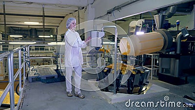 Person Works with a Factory Machine, Controlling a Conveyor with Chips ...