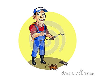 Pest Control Guy Sprays Cockroach And Ant Vector Illustration ...