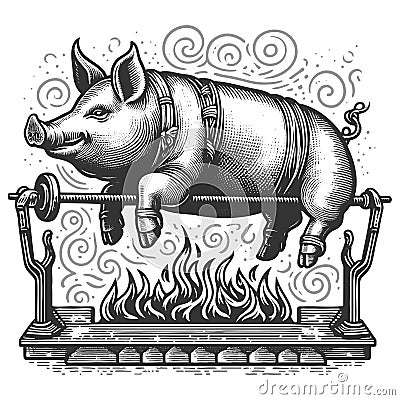 Pig Roasting On Spit Engraving Vector Illustration | CartoonDealer.com ...